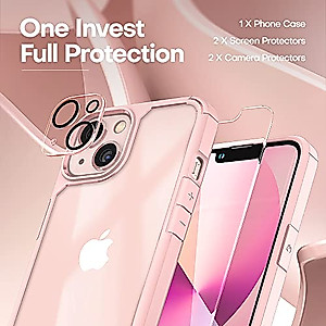 TAURI [5 in 1 Designed for iPhone 13 Case, [Not-Yellowing] with 2X Tempered Glass Screen Protector + 2X Camera Lens Protector [Military-Grade Drop Protection] Shockproof Slim 6.1 Inch Pink…、