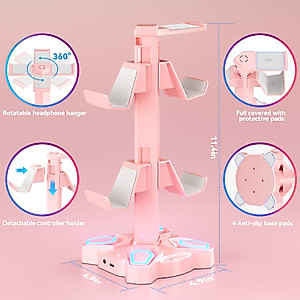 KDD Headphone Stand with Light Modes - Rotatable Pink Game Headset Holder with 3.5mm AUX & 2 USB Port - Suitable for PC Desk Accessories Gamers Gift(Pink)