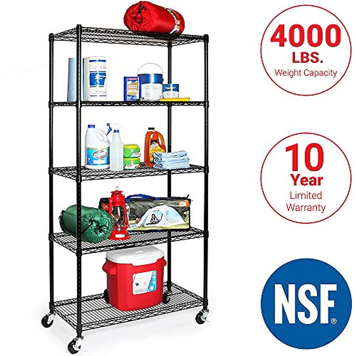 Seville Classics UltraDurable Heavy Duty NSF Solid Steel Wire Rack Storage Unit, Organizer for Garage, Warehouse, Office, Restaurant, Classroom, Kitchen, Black, 5-Tier Shelving, 36" W x 18" D