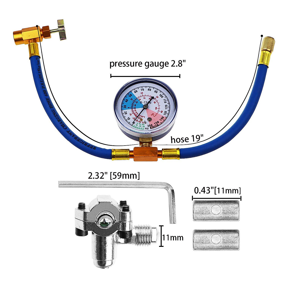 BPV31 Piercing Valve for Bullet with R134a Refrigerant Charging Hose,Refrigerant Can Tap with Gauge, R134a can to R-12/R-22 port