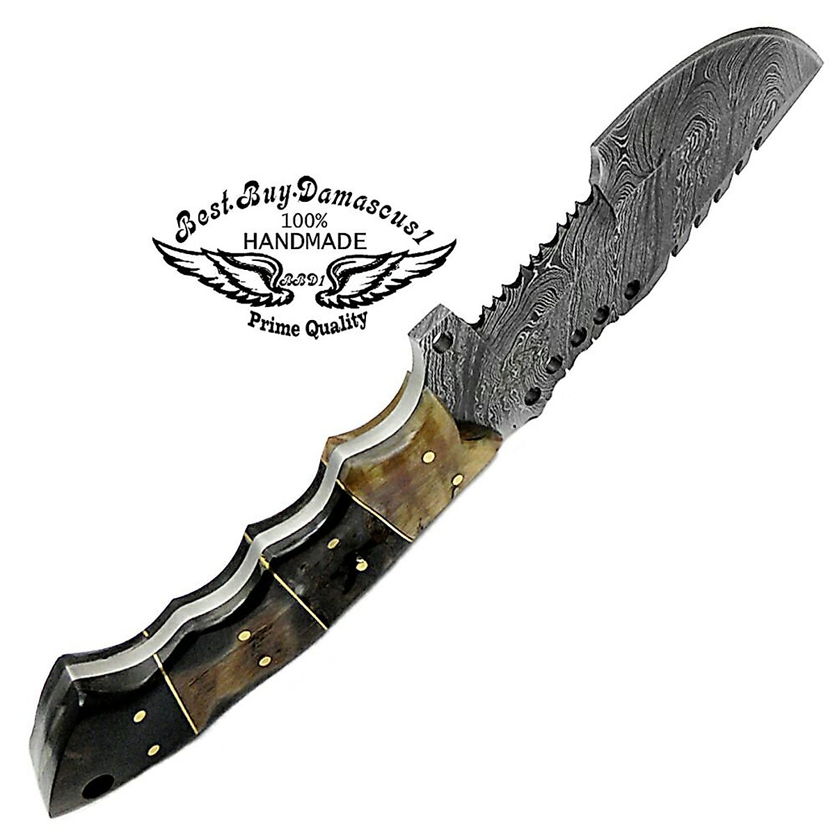 Handmade Damascus Steel Tracker Knife - 9.5" Inch Knifes real Ram horn Handel Knives - Bushcraft- EDC Survival Knife for Men-Tactical Tracker Knife- Fixed Blade Knife- Premium Quality Knife- Mens Gift