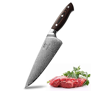 Damascus Chef Knife, 8 Inch Professional Damascus Kitchen Knife Forged with VG10 Super Steel 67-Layer, Non-slip Ergonomic Micarta Handle, Razor Sharp Lightweight Multipurpose Full Tang Gift Box
