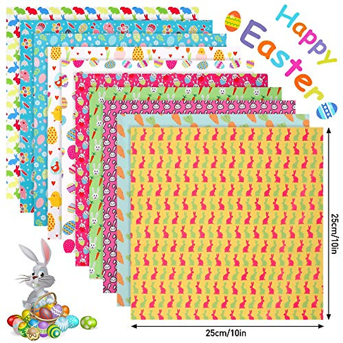 10 Pieces Easter Day Fabric 10 x 10 Inch Egg Rabbit Carrot Printed Fabric Easter Sewing Quilting Fabric DIY Easter Themed Patchwork Bundles for Sewing Handicrafts Decorations Making, 10 Patterns