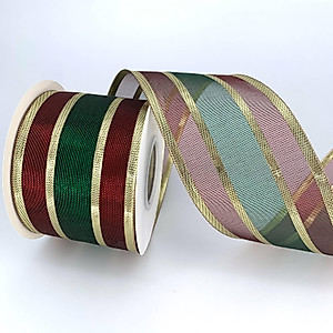 XMRIBBON Metallic Christmas Wired Ribbon Gold Red Green Striped Ribbon - 2 1/2" x 10 Meters,for Gift Wrapping, Tree Topper, Garland, Wreath