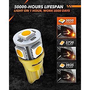 SEALIGHT 194 LED Bulb, 168 T10 LED Bulb Amber 2700k Yellow 2825 for Turn Signal Side Marker Dome Lights, 12V Cab Running Parking Tail Lights, (Pack of 10)