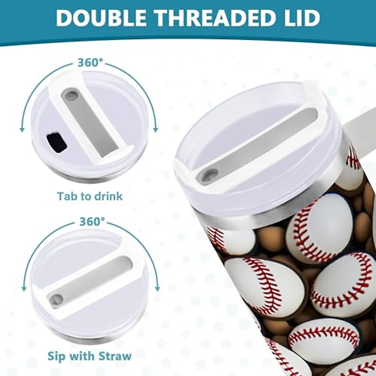 Jihqo Baseball Balls Pattern 40 oz Stainless Steel Vacuum Insulated Tumbler with Handle and Straw Lid, Leakproof Water Bottle Double Wall Travel Mug Coffee Cup, Cupholder Friendly