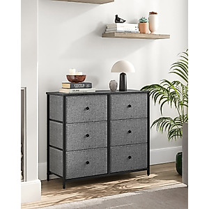 SONGMICS Dresser for Bedroom, Chest of Drawers, 6 Drawer Dresser, Closet Fabric Dresser with Metal Frame, Gray and Black with Wood Grain ULTS323G22, 11.8”D x 31.5”W x 27.1”H