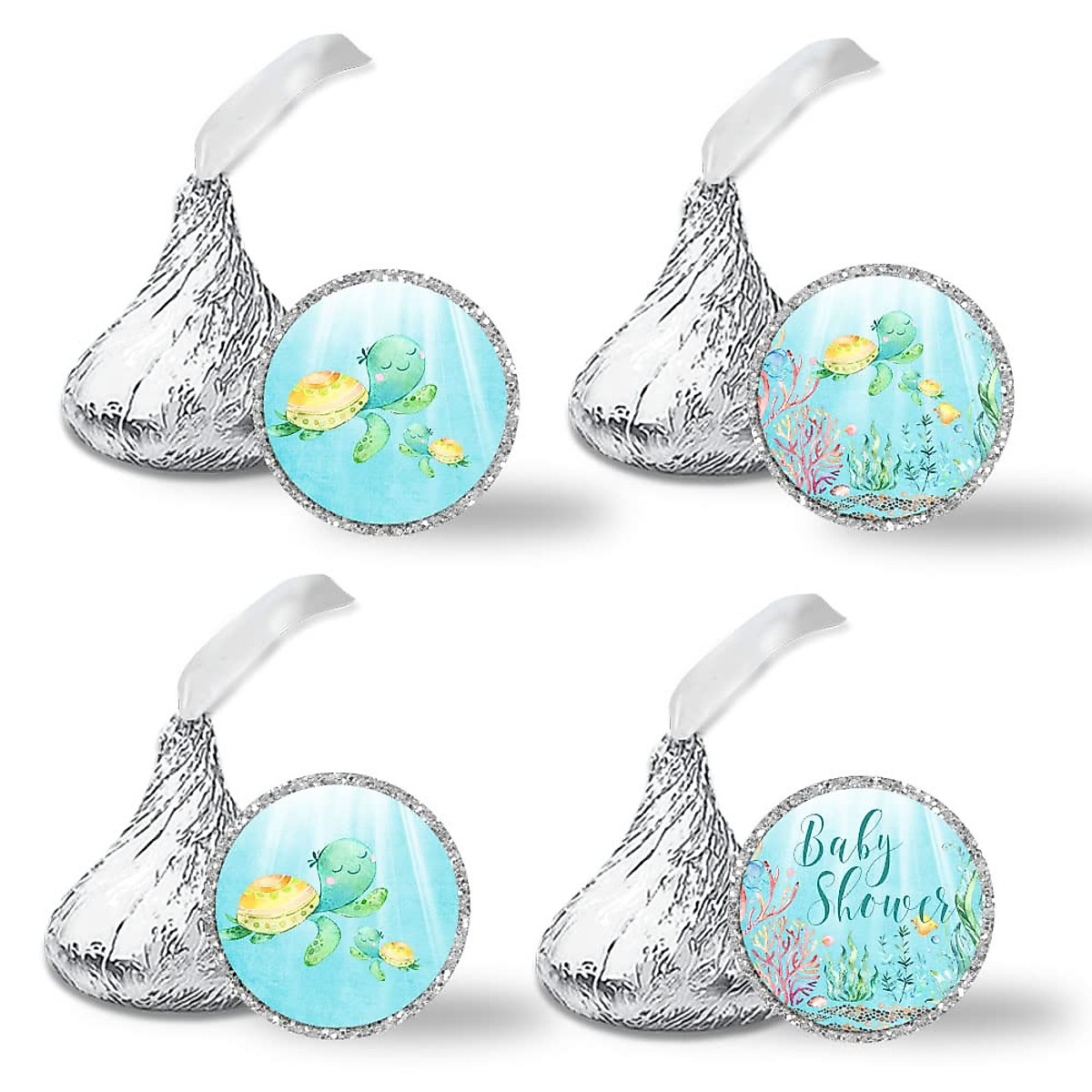 Little Hatchling Cute Sea Turtle Sea Life Baby Sprinkle Baby Shower Kiss Sticker Labels, 300 0.75" Circle Stickers for Chocolate Kisses by Amanda Creation, Great for Favors, Treats, Envelopes & Bags