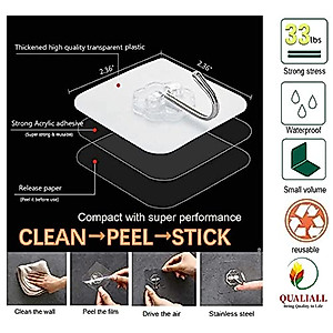QUALIALL Adhesive Hooks, 20 Packs, 33lbs/15kg Premium Heavy Duty Wall Ceiling Hooks for Hanging, Damage Free, Clear Sticky Hanger for Kitchen, Bathroom Shower Outdoor Use.