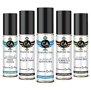 CA Perfume All Time Classic Men Set Impression of (Aventura + Aqua Di Giorgi Pour Homme + Invincible + Bvlg. Man + Tobacco Vanille) Fragrance Body Oils Travel Size Roll-On (0.3 Fl Oz/10 ml) X5