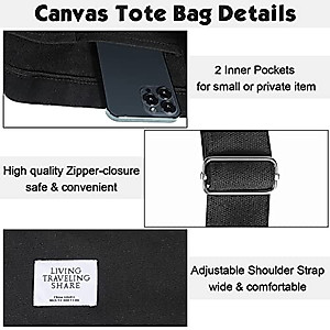 2 Pieces Large Size Canvas Shoulder Bag Casual Crossbody Handbag Travel Shopping Crossbody Bag Wide Strap Hippie Tote Bag (Black, Light Grey)