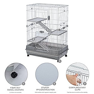 Gecheer 4-Tier 32" Small Animal Metal Cage Height Adjustable with Lockable Casters Grilles Pull-Out Tray for Rabbit Chinchilla Ferret Bunny Guinea Pig Squirrel Hedgehog Grey