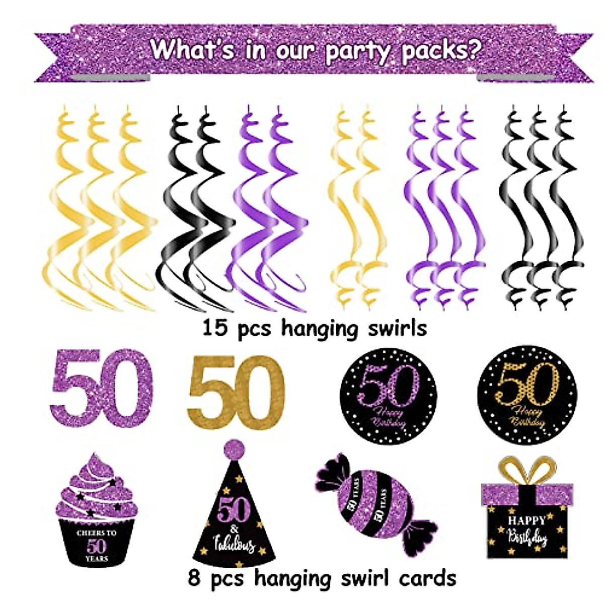 Qian's Party 50th Birthday Decorations for Women Purple Gold Black Purple Gold Foil Hanging Swirls 50th Birthday Party Decor – Women Purple 50th Birthday Party Decorations