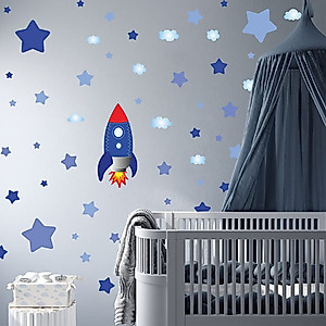 Large Rocket and Star Wall Decals, Outer Space Wall Stickers, Peel and Stick Removable Star Sticker, Art Decor for Kids Boys Bedroom Nursery Living Room,Playroom Classroom Decoration