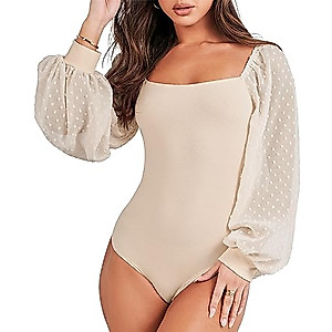 ANRABESS Rompers for Women Sheer Swiss Dot Puff Sleeve Square Neck Bodysuit Fall Casual Long Sleeve Dressy Leotard Top 1071xingse-L