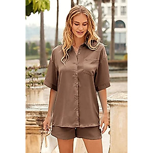 PRETTYGARDEN Women's 2 Piece Satin Pajama Sets Short Sleeve Button Down Tops And Shorts Set 2023 Summer Pjs Silk Sleepwear (Brown,Small)