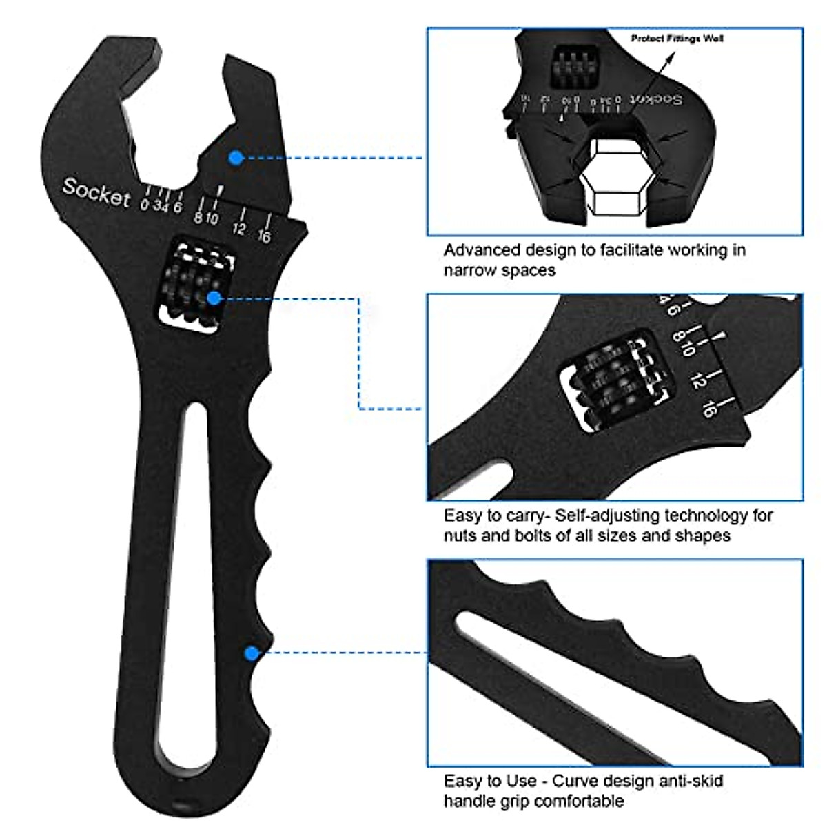 SYKRSS An Fitting Wrench, AN3-16AN Adjustable Wrench Aluminum Lightweight Spanner Tools for An Hose Fitting Adapter End , Black