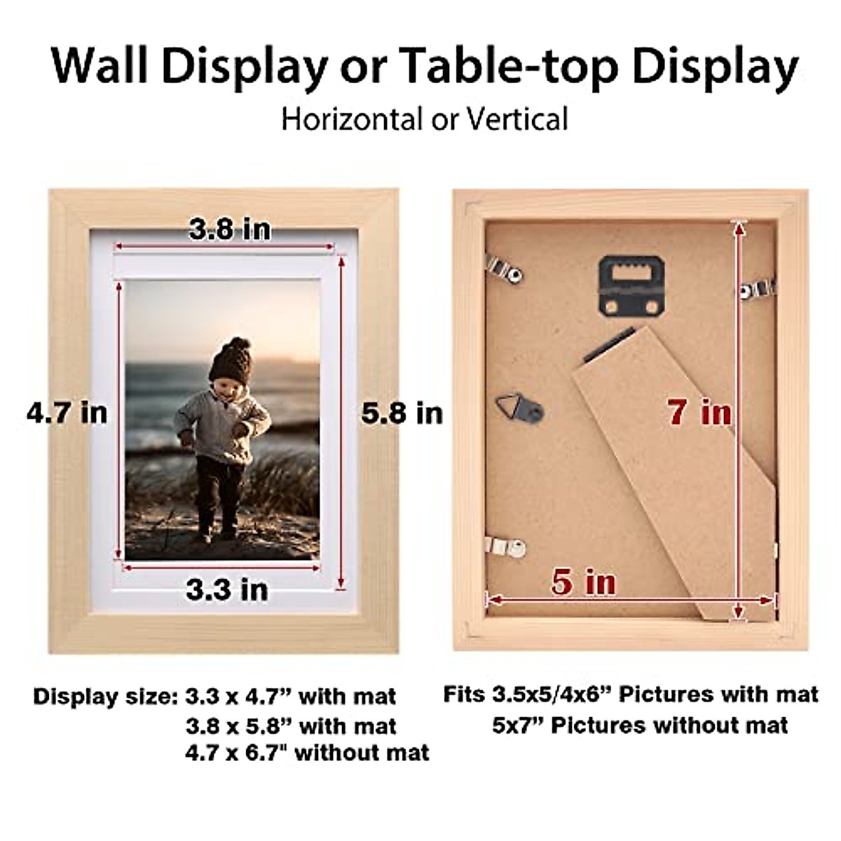 KINLINK 5x7 Picture Frames Natural Wood Frames with Acrylic Plexiglass for Pictures 4x6 with Mat or 5x7 without Mat, Tabletop and Wall Mounting Display, Set of 4