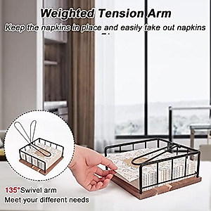 Livabber Flat Napkin Holder, Metal Kitchen Napkin Holder with Weighted Tension Arm Rustic Tissue Paper Dispenser for Countertop, Table Kitchen, Dining Room (With Wooden Base, Black)