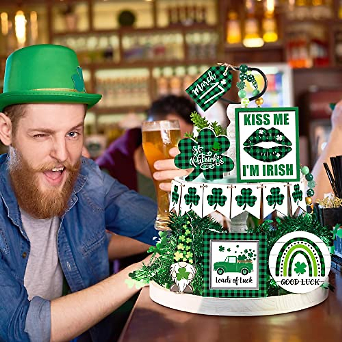 12 Pieces St. Patrick's Day Tiered Tray Decor Buffalo Plaid Table Wooden Sign Decorations Gnome Tabletop Heart Sign Decor for St. Patrick's Day Party Home Kitchen Holiday