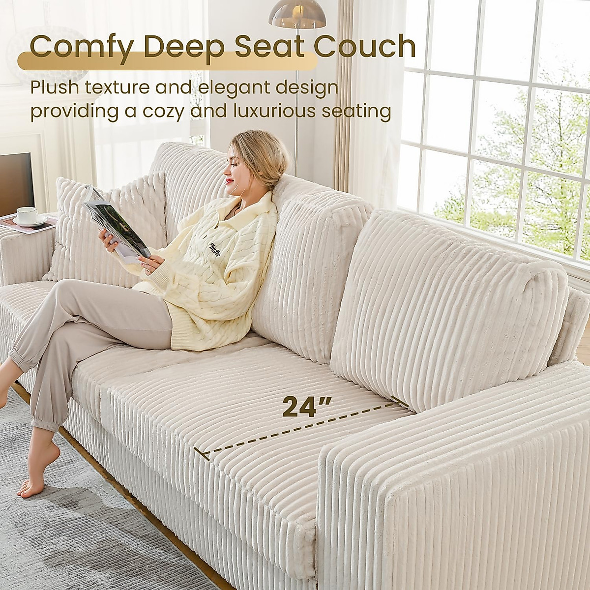 97 in Sofa Couch, Big Comfy Couch for Living Room, Cloud Couch with Oversized Armchair, Small Sofa with 24 in Deep Seat, Velvet Couch for Home and Apartment, Modern Couch, 3 Seater Couch, Beige