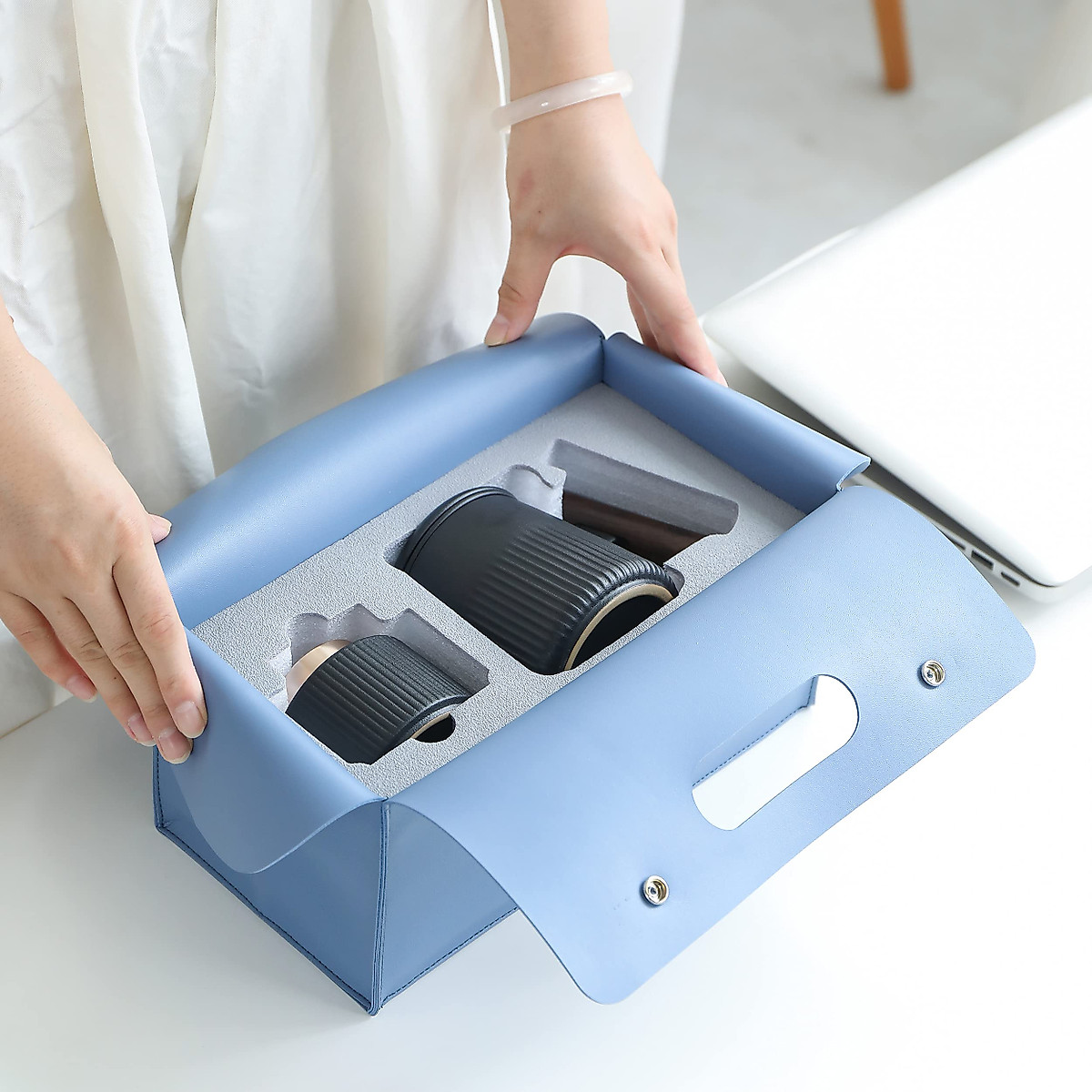 TEANAGOO Ceramic Tea Mug with Infuser and Lid & Matching Tea Canister, 2 Pcs/Set with Luxury Leather Bag, Best Gift Choice for Tea Lover, 12 Oz, Q9, Black, Stoneware Glazed & Rosewood Handle.