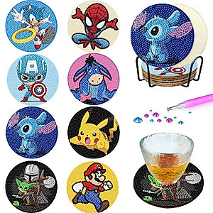 8 PCS Diamond Painting Coasters Kits with Holder - Cartoon Diamond Art Coasters for Adults Kids Beginner,DIY Child Memery Round Full Drill Diamond Dot Paint by Number Stitch Arts and Crafts Gift