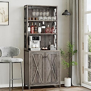YITAHOME Bar Wine Cooler, 67" Tall Kitchen Storage Cabinet with Wine Rack, Open Storage Shelves, Farmhouse Kitchen Storage Cabinet with Wooden Doors for Living Room, Living Room, Grey Wash