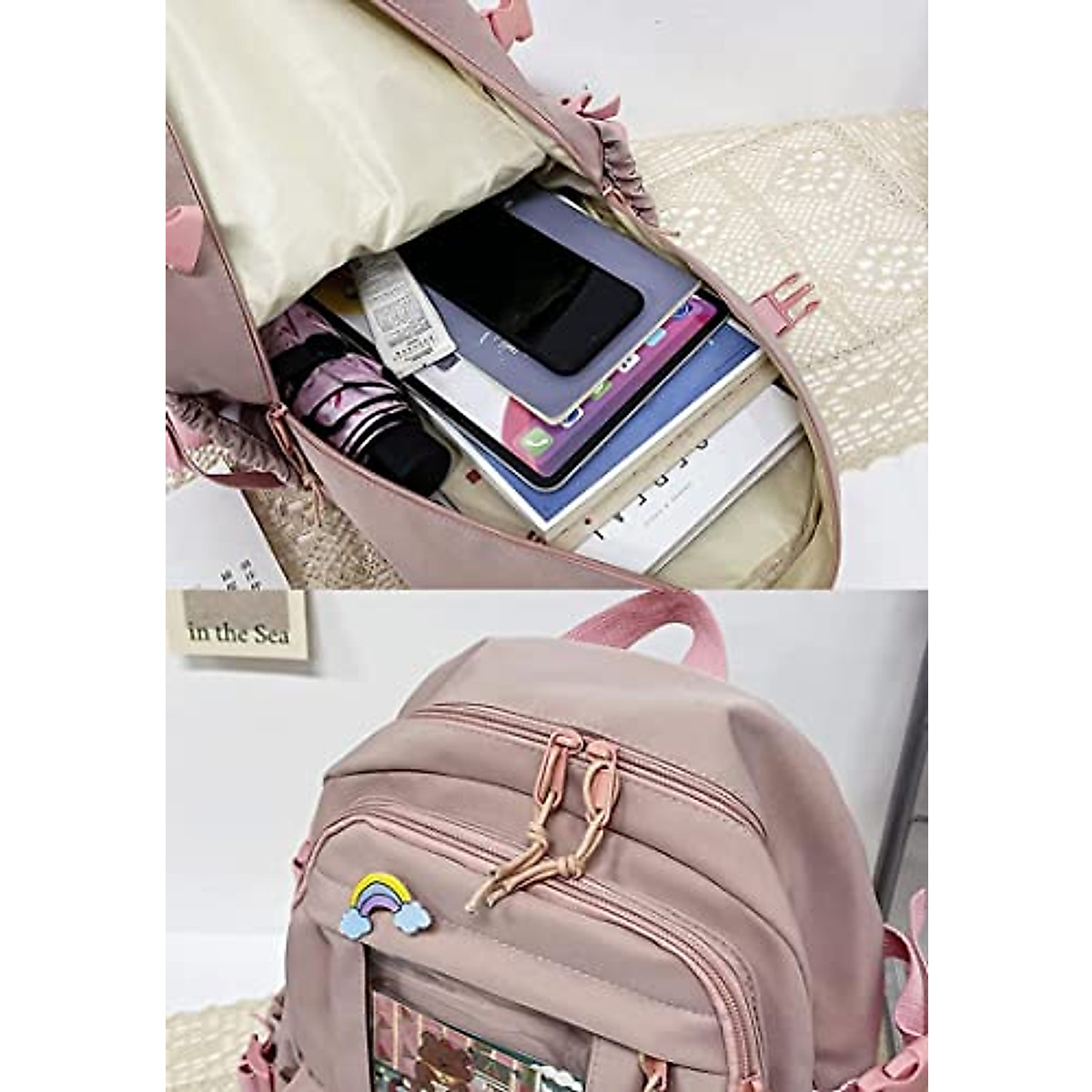 LELEBEAR Kawaii Backpack with Kawaii Pin And Accessories, Cute Preppy Aesthetic Sage Green Backpack for Girls (Sage Green)