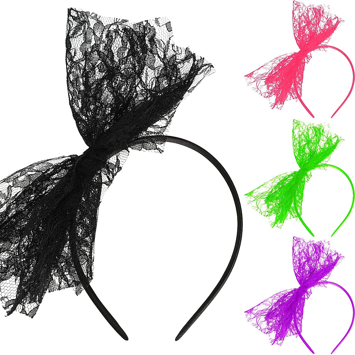 Blulu 80's Lace Headband Costume Accessories for 80s Theme Party, No Headache Neon Lace Bow Headband, Set of 4 (Fresh Color)