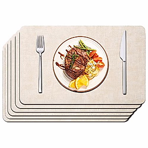 Placemats Set of 6 for Dining Table - Maxpearl Heat Resistant Faux Leather Place Mats - Wipe Clean - Suitable for Indoor & Outdoor, 17’’×12’’, Beige