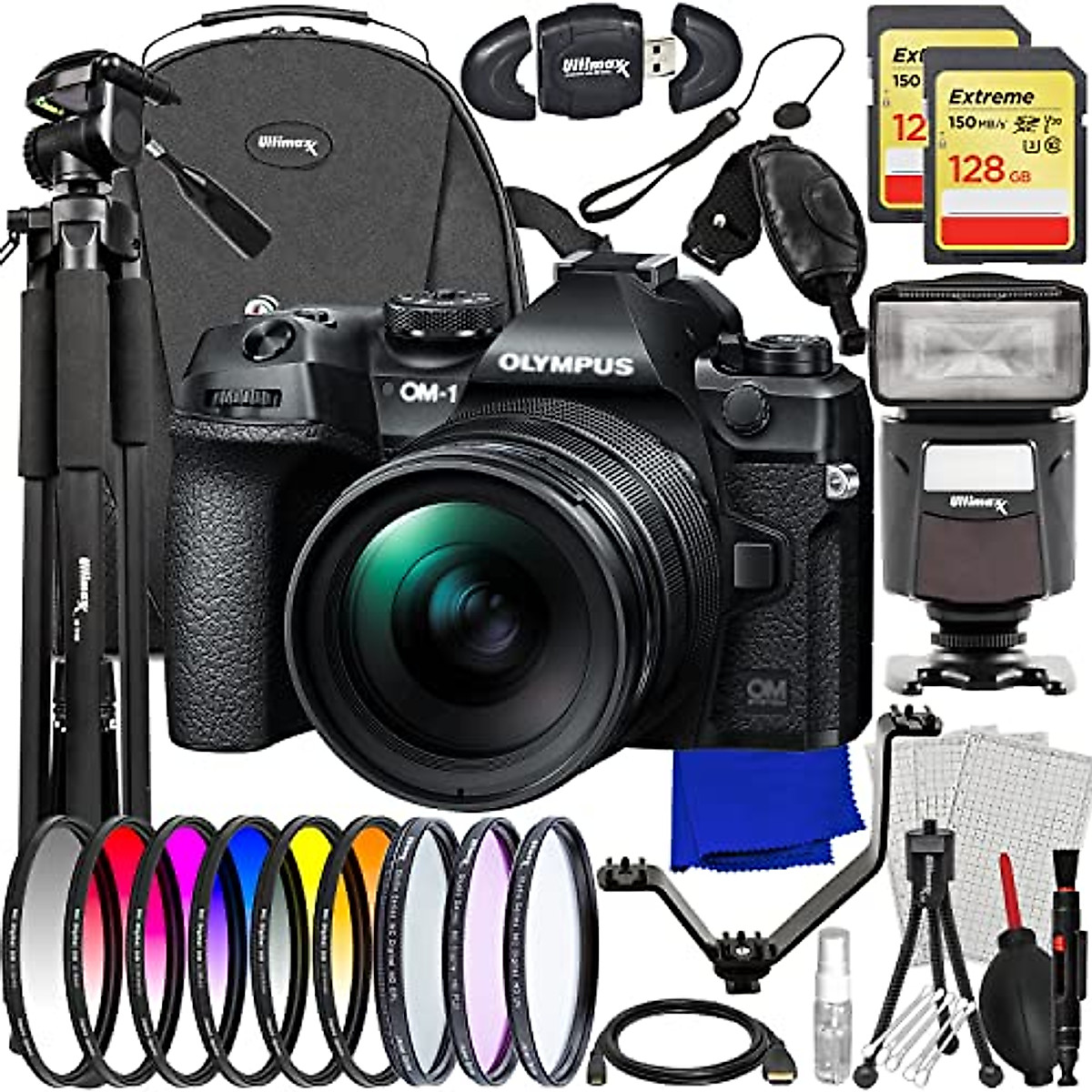 Ultimaxx Advanced OM System OM-1 Mirrorless Camera w/ 12-40mm f/2.8 Lens Bundle - Includes: 2X 128GB Extreme SDXC’s, Universal Speedlite, V-Shaped Bracket, Camera Backpack & Much More (37pc Bundle)
