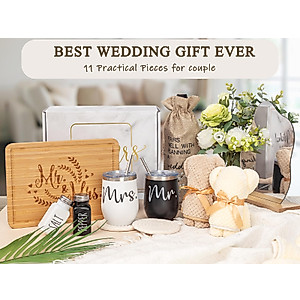 Wedding Gifts for Couple (11 Piece Set), Cool Engagement Gifts Baskets for Newlywed, Unique Mr and Mrs Gifts for Bride and Groom, Bridal Shower Gift for Bride To Be, His and Hers Gifts, Just Married