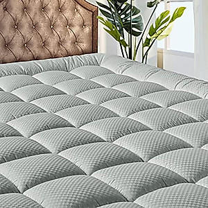 MATBEBY Bedding Quilted Fitted Queen Mattress Pad Cooling Breathable Fluffy Soft Mattress Pad Stretches up to 21 Inch Deep, Queen Size, Light Grey, Mattress Topper Mattress Protector