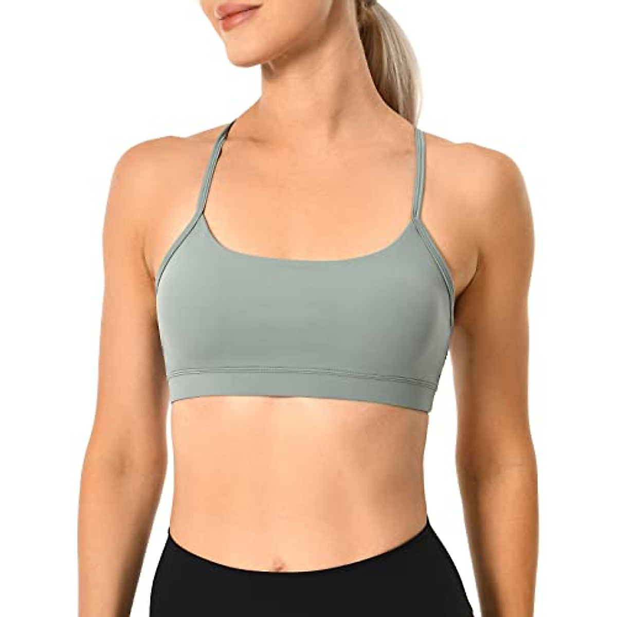 YUNOGA Women's Y Back Sports Bra Padded Racerback Spaghetti Thin Strap Support Workout Yoga Bra Regular (XS, Chinois Green)