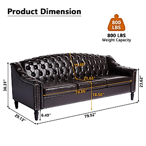 PHOYAL Chesterfield Couch 3 Seater Large Sofa, Faux Leather Sofas and Couches 80 Inches Mid Century Modern Couch Tufted Back Sofa for Living Room Furniture (Dark Brown)