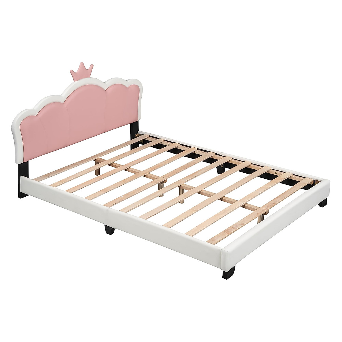Upholstered Platform Bed, Pink Cute Cartoon Elements Princess Bed Fun Bed, Wood Full Size Bed Frame with Crown Shaped Headboard, Kids Bedroom Furniture Cute Bed Upholstered Bed