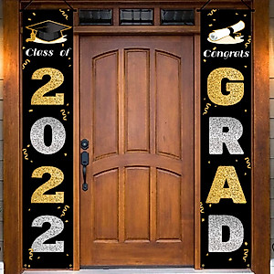 2022 Graduation Decorations Banner, Class of 2022, Congrats Grad Banner, Graduation Hanging Flag Porch Sign, Graduation Party Decorations Supplies for Indoor/Outdoor/Home/Door/Wall Decor (Black Gold)