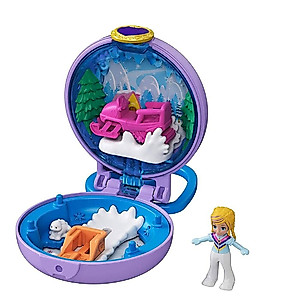 Polly Pocket Polly Snow Cabin Compact with Removable Snowmobile, Bunny Figure, Photo Customization, Micro Polly Doll & Sticker Sheet; for Ages 4 Years Old & Up