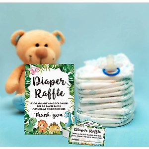 Diaper Raffle Baby Shower Game Set(1 Standing Sign + 50 Guessing Cards), Dinosaur Theme Diaper Raffle Tickets for Baby Shower, Safari Jungle Baby Shower Party Favor Decor - A19