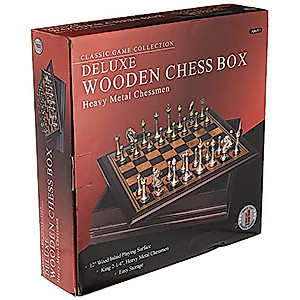 Classic Game Collection Metal Chess Set with Deluxe Wood Board and Storage - 2.5" King, Gold/Silver/Brown (985)