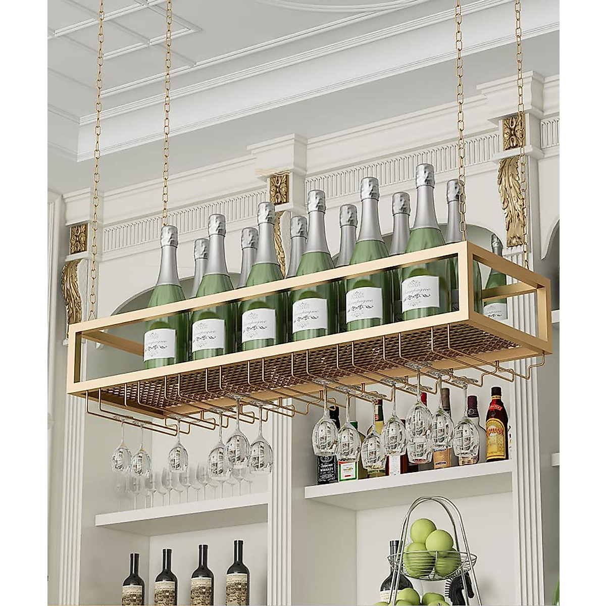 Ceiling Metal Iron Chain Wine Glass Rack, Hanging Wine Glass Holder, Adjustable Wine Rack with Glass Holder, Matte Black Stemware Rack