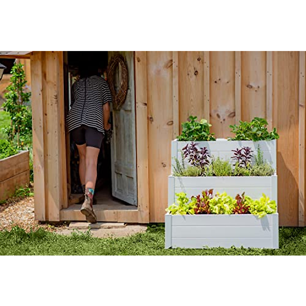 Vita Classic 33 inch x 33 inch Tiered Cascading Keyhole Garden with Composting Basket, White Vinyl, PVC, BPA and Pthalate Free, VT17109