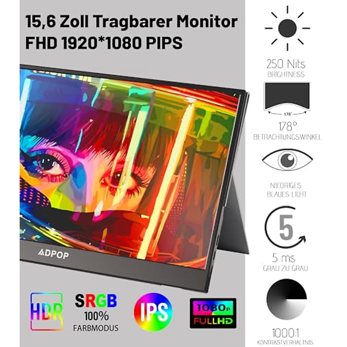 ADPOP Portable Monitor, 15.6'' IPS FHD 1080P with USB-C & HDMI for Gaming Office and Travel,Ultra-Slim HDR Display, Premium Smart Cover & Speakers,for Laptop/PC/Mac/Phone/Xbox/PS5/PS4/Switch