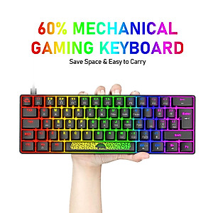 FELICON Portable 60% Mechanical Gaming Keyboard Type C Wired 62 Keys LED USB Waterproof Mini Keyboard 20 Chroma RGB Backlight Anti-ghosting Keys+Extra Keycaps for Computer/PC/Laptop/MAC