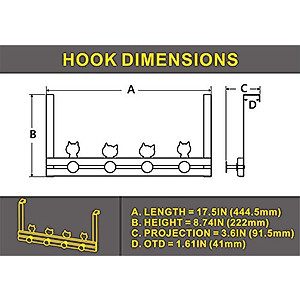 Creathome Over The Door Rail with 4 Peg Hooks, Lovely Cat Pattern, Black and White Style