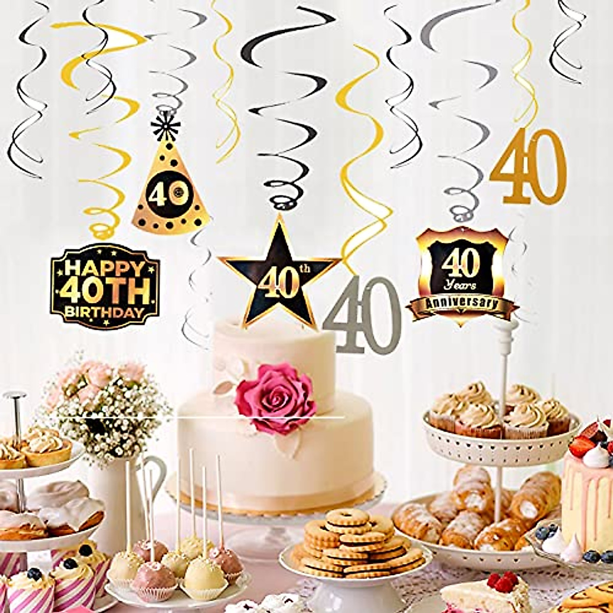 40th Birthday Decorations for Men Women Cheers to 40 Years Birthday Banner and Hanging Swirls for 40 40th Birthday Party Decorations