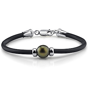 The Pearl Source Pearl Bracelet 11-12mm Black Tahitian Pearl with Rubber Band and Sterling Silver Clasp