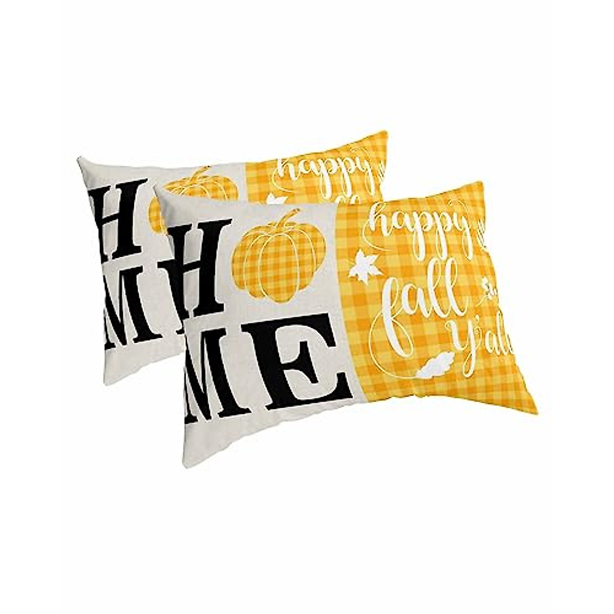 Edwiinsa Fall Pumpkin Pillow Covers King Standard Set of 2 Bed Pillow, Farmhouse Yellow Plaid Splicing Plush Soft Comfort for Hair/Skin Cooling Pillowcases with Envelop Closure 20''x36''