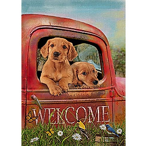 Covido Home Decorative Welcome Spring Dog Golden Retriever Garden Flag, Summer Red Truck Yard Puppy Outside Decoration, Outdoor Small Burlap Decor Double Sided 12x18